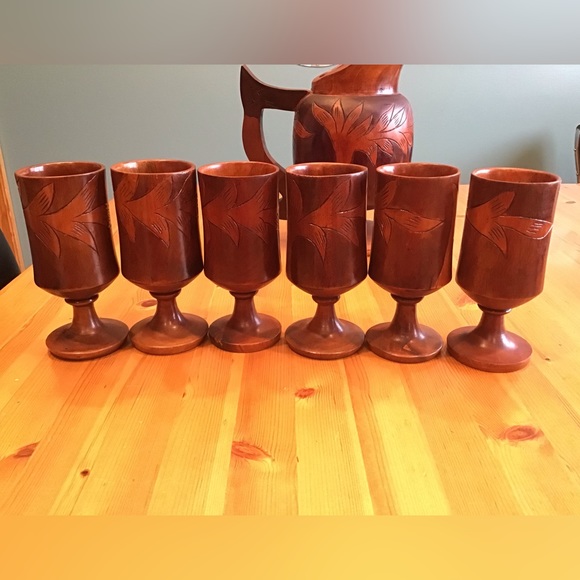 Vintage | Dining | Vintage Tiki Pitcher Goblets Carved Teak Wood Mcm ...